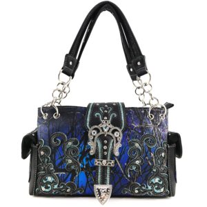 Justin West Camouflage Tree Branches Bling Rhinestone Cross Wings Buckle Crossbody Chain Messenger and Purse (Buckle Blue Handbag Wallet Set)