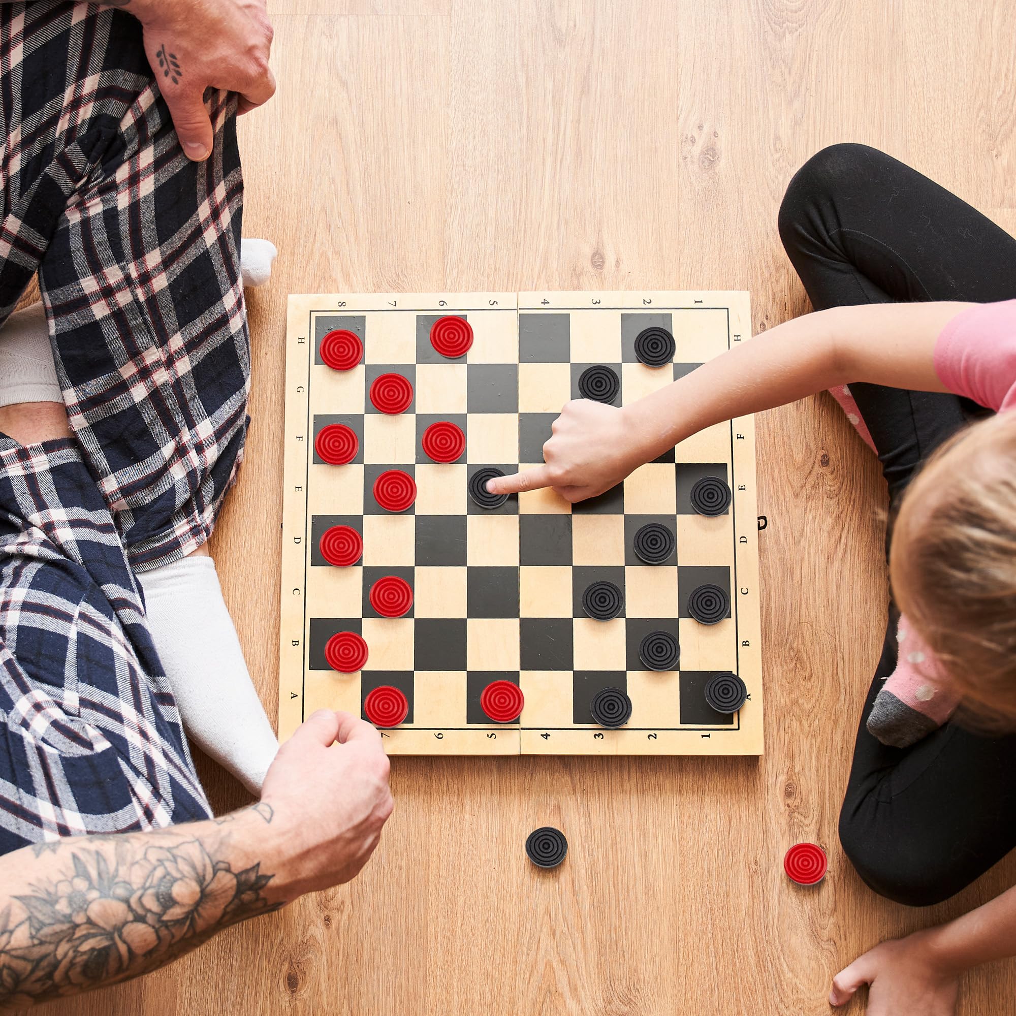 Attatoy Black & Red Carved Stackable Wooden Checkers (24 Pieces); with Drawstring Cloth Storage Bag