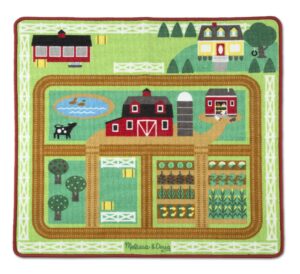 melissa & doug round the barnyard farm activity play rug (39 x 36 inches) - wooden tractor, trailer, 3 toy animals