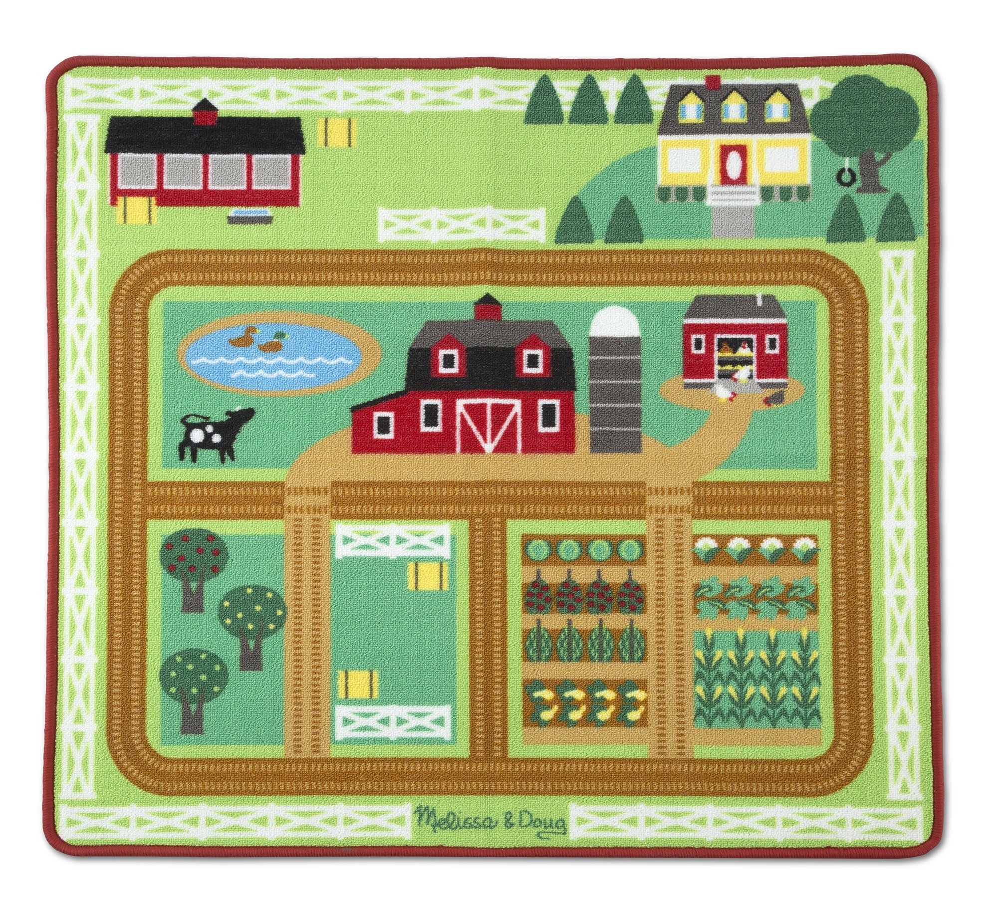 Melissa & Doug Round the Barnyard Farm Activity Play Rug (39 x 36 inches) - Wooden Tractor, Trailer, 3 Toy Animals