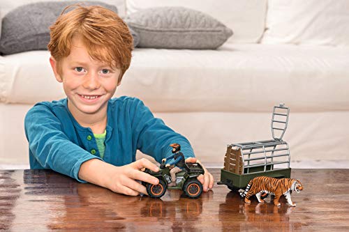 Schleich Wild Life Big Truck Animal Rescue Jungle Adventure 10pc Playset - Includes Off Road ATV, Rider, CAges Trailer, Tiger, and Accessories for Boys and Girls, Highly Durable Gift for Kids Ages 3+