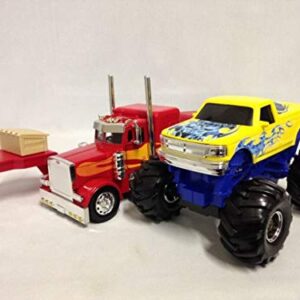 New-Ray New 1:32 NEWRAY Truck & Trailer Collection - RED Peterbilt Model 379 LOWBOY with Monster Truck Diecast Model Toys