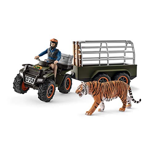 Schleich Wild Life Big Truck Animal Rescue Jungle Adventure 10pc Playset - Includes Off Road ATV, Rider, CAges Trailer, Tiger, and Accessories for Boys and Girls, Highly Durable Gift for Kids Ages 3+