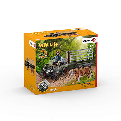 Schleich Wild Life Big Truck Animal Rescue Jungle Adventure 10pc Playset - Includes Off Road ATV, Rider, CAges Trailer, Tiger, and Accessories for Boys and Girls, Highly Durable Gift for Kids Ages 3+