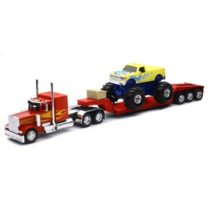 New-Ray New 1:32 NEWRAY Truck & Trailer Collection - RED Peterbilt Model 379 LOWBOY with Monster Truck Diecast Model Toys