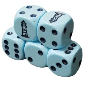 azty solutions set of 5 lighthouse light blue dice round corner opaque 16mm black spots in snow organza bag