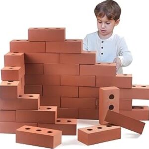 playlearn 25pc foam brick building blocks for kids- children’s reflective worker vest and storage bag included - actual brick size – lightweight, soft building blocks - fake brick blocks