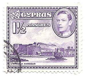 cyprus postage stamp 1943 kyrenia castle & harbor issue 1 1/2pi king george vi scott #147a