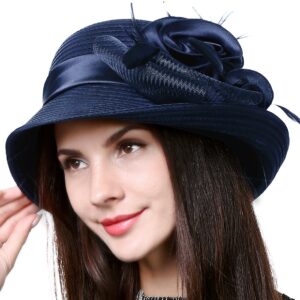 hisshe women kentucky derby dress church wedding party feather bucket hat s608-a, navy, medium