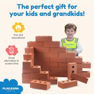 Playlearn 25pc Foam Brick Building Blocks for Kids- Children’s Reflective Worker Vest and Storage Bag Included - Actual Brick Size – Lightweight, Soft Building Blocks - Fake Brick Blocks