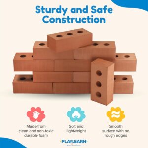 Playlearn 25pc Foam Brick Building Blocks for Kids- Children’s Reflective Worker Vest and Storage Bag Included - Actual Brick Size – Lightweight, Soft Building Blocks - Fake Brick Blocks