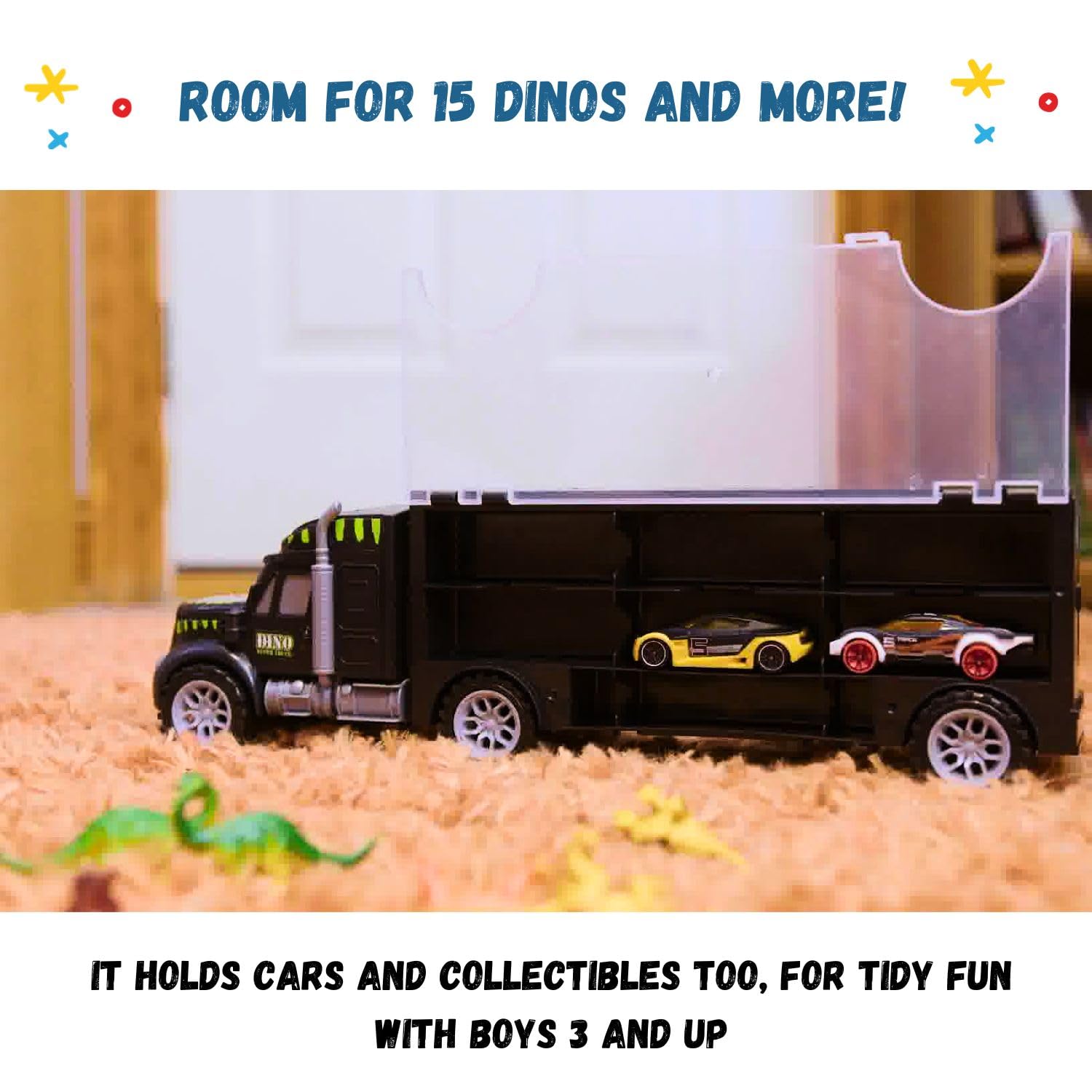 Dinosaur Toys for Kids 3-7. Dino Truck Carrier with 15 Figures + Bonus Book