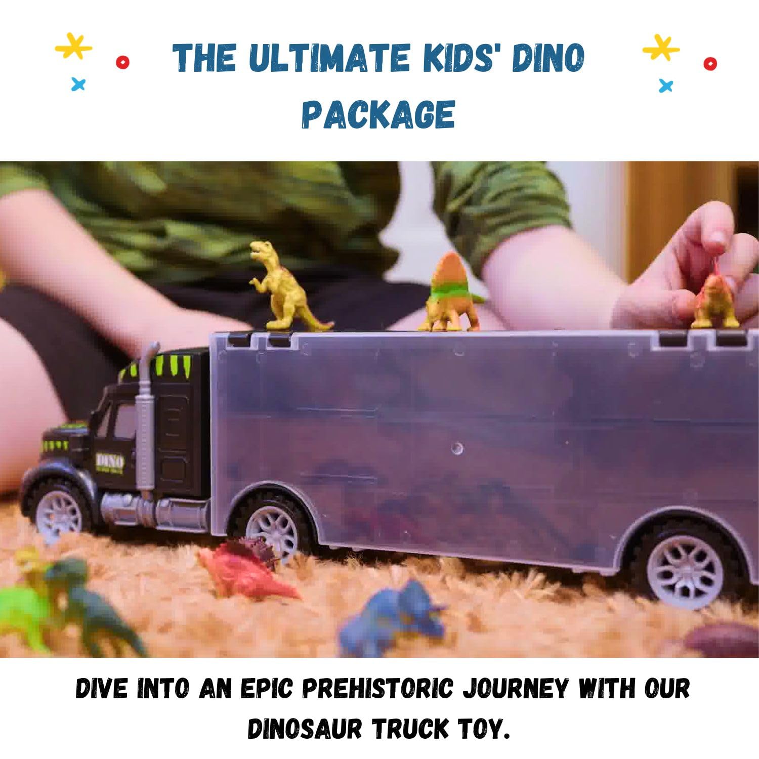 Dinosaur Toys for Kids 3-7. Dino Truck Carrier with 15 Figures + Bonus Book