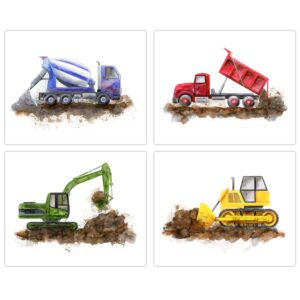 construction equipment nursery art print set, set of 4 truck prints - blue cement mixer, green excavator, red dump truck and yellow bulldozer - other vehicles and different sizes available