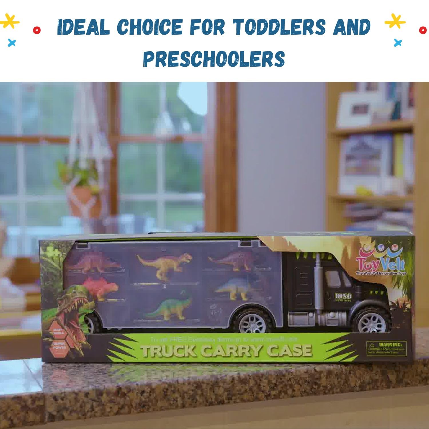 Dinosaur Toys for Kids 3-7. Dino Truck Carrier with 15 Figures + Bonus Book