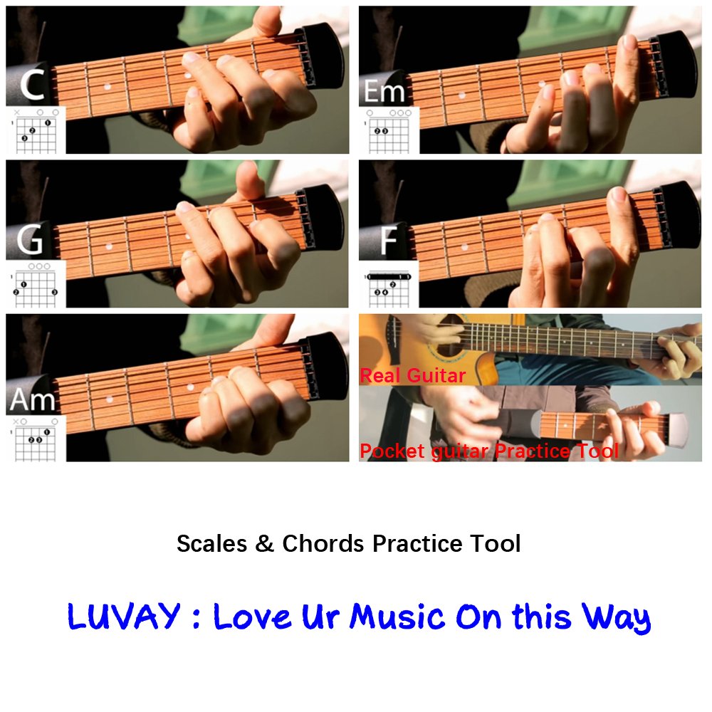 Luvay Pocket Guitar, Finger Exercise, Scales & Chords Practice Tool (6 Fret Black)