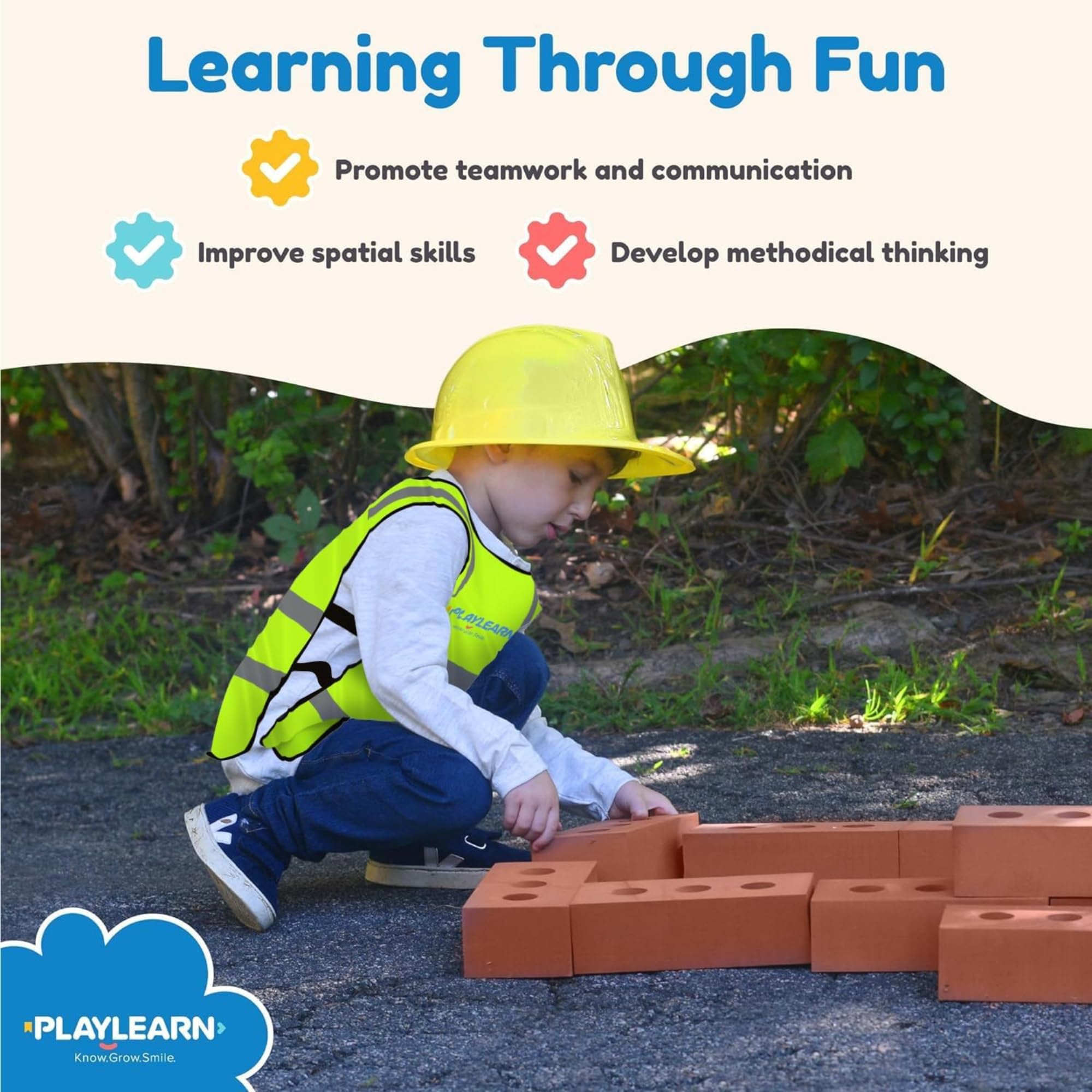 Playlearn 25pc Foam Brick Building Blocks for Kids- Children’s Reflective Worker Vest and Storage Bag Included - Actual Brick Size – Lightweight, Soft Building Blocks - Fake Brick Blocks