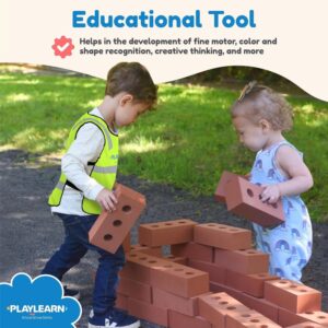 Playlearn 25pc Foam Brick Building Blocks for Kids- Children’s Reflective Worker Vest and Storage Bag Included - Actual Brick Size – Lightweight, Soft Building Blocks - Fake Brick Blocks