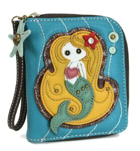 chala zip around wallet, wristlet, 8 credit card slots, sturdy pu leather blue mermaid one size