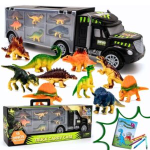 dinosaur toys for kids 3-7. dino truck carrier with 15 figures + bonus book