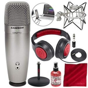 samson c01u pro usb studio condenser microphone w/spider shock mount, desktop stand, microphone sanitizer, samson stereo headphones and fibertique cleaning cloth