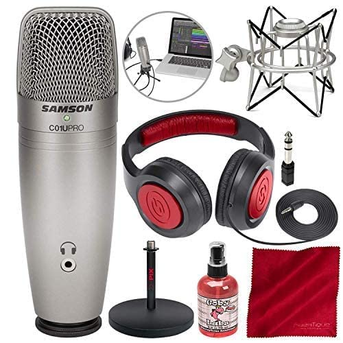 Samson C01U Pro USB Studio Condenser Microphone W/Spider Shock Mount, Desktop Stand, Microphone sanitizer, Samson Stereo Headphones and FiberTique Cleaning Cloth