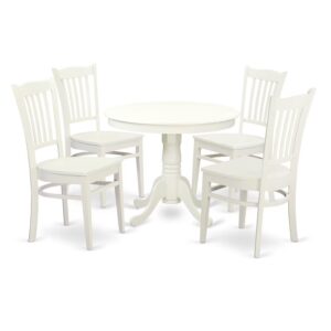 east west furniture angr5-lwh-w 5 piece dining table set for 4 includes a round kitchen table with pedestal and 4 dining room chairs, 36x36 inch, linen white