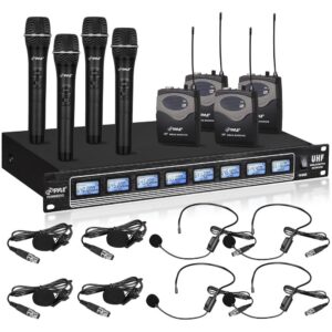 pyle 8 ch uhf wireless microphone system & rack mountable base 4 handheld mics 4 headsets, 4 belt packs, 4 lavelier/lapel mic with independent volume controls af & rf signal indicators (pdwm8350)