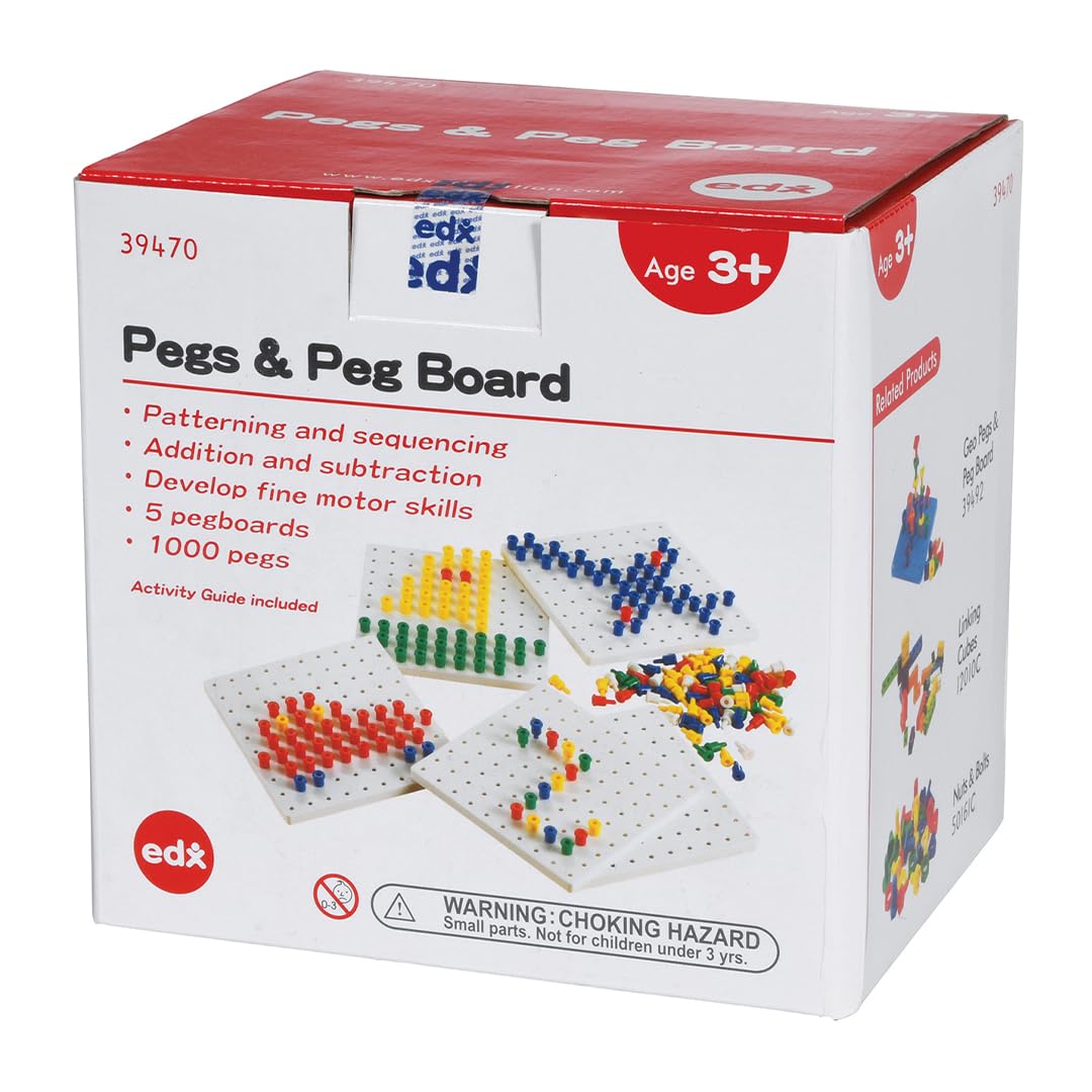 edxeducation Pegs and Peg Board Set - 1,000 Pegs + 5 Boards - Classroom, Occupational Therapy Resource - Fine Motor Skills Toy for Kids