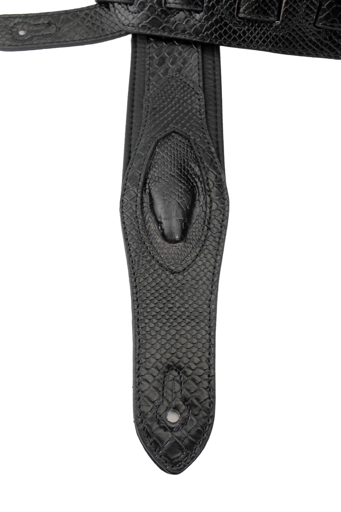 Walker & Williams SF-06 Black Handmade Textured Snakeskin Pattern Padded Guitar Strap with Snakehead Design For Acoustic, Electric, And Bass Guitars