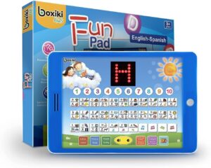 boxiki kids spanish-english learning bilingual tablet educational toy with led screen display. learn spanish and english with abc games and spelling. kids love our interactive educational toys