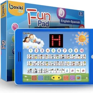 Boxiki kids Spanish-English Learning Bilingual Tablet Educational Toy with LED Screen Display. Learn Spanish and English with ABC Games and Spelling. Kids Love Our Interactive Educational Toys