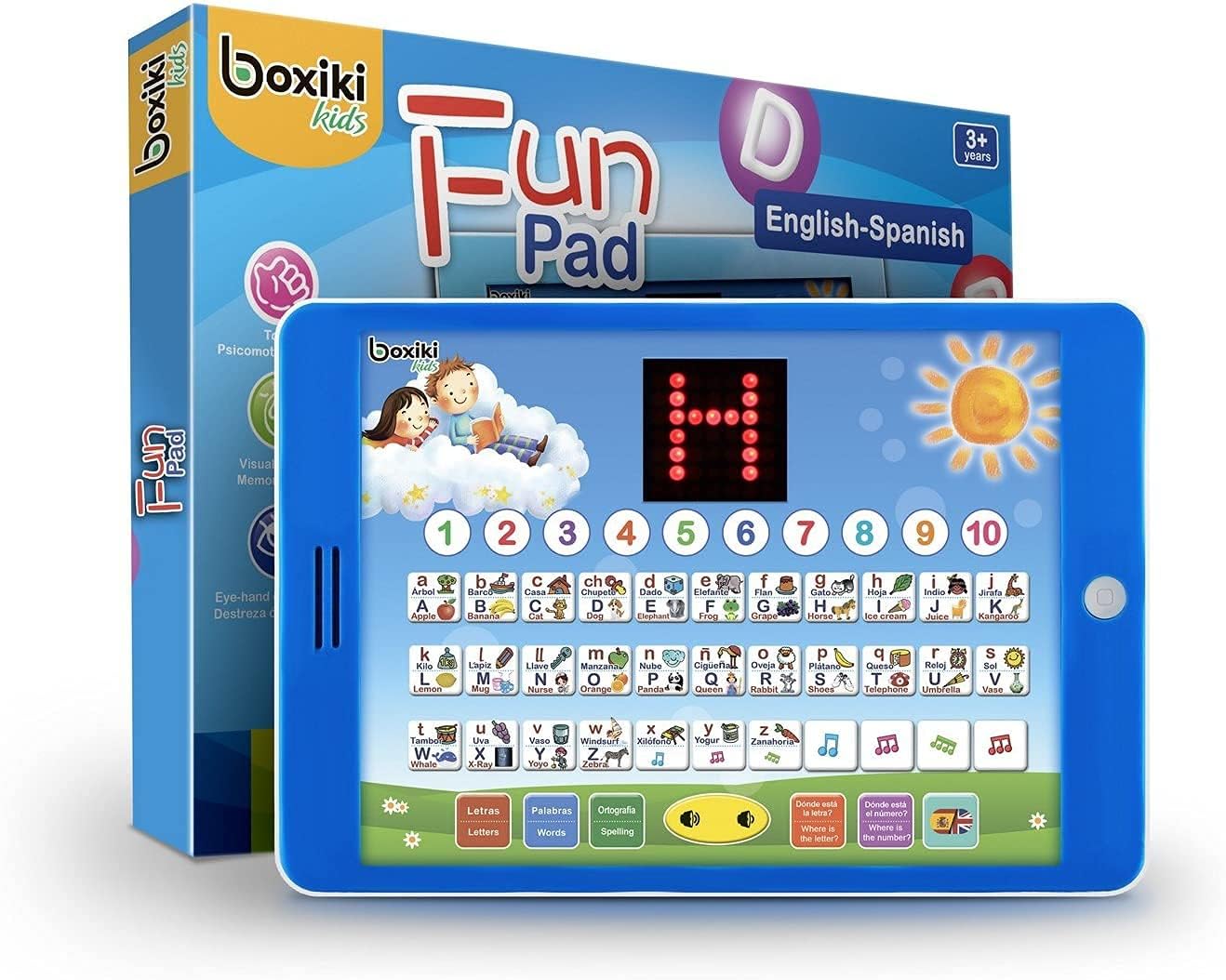 Boxiki kids Spanish-English Learning Bilingual Tablet Educational Toy with LED Screen Display. Learn Spanish and English with ABC Games and Spelling. Kids Love Our Interactive Educational Toys