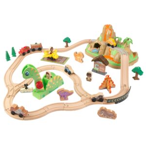 kidkraft dinosaur bucket top portable wooden train set with 56 pieces and 9 feet of track, gift for ages 3+