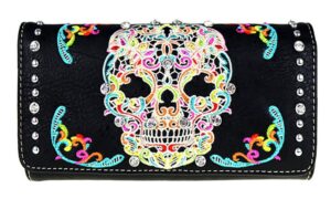 mw494-w002 montana west sugar skull collection tri-fold wallet wristlet (black/multi)