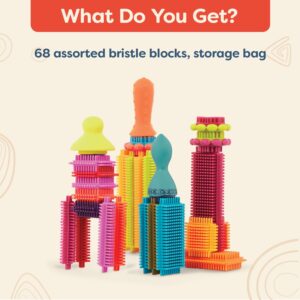 B. toys- Bristle Block Stackadoos - Building Blocks for Kids – Developmenal Toy-68 Blocks in a Storage Pouch – STEM Toys – Soft & Interlocking – Bristle Block Stackadoos – 2 years +