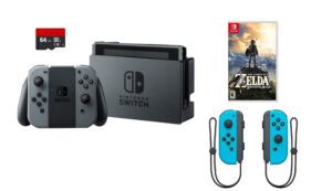 nintendo swtich 4 items bundle:nintendo switch 32gb console gray joy-con,64gb micro sd memory card and an extra pair of nintendo joy-con (l/r) wireless controllers neon blue,the legend of zelda