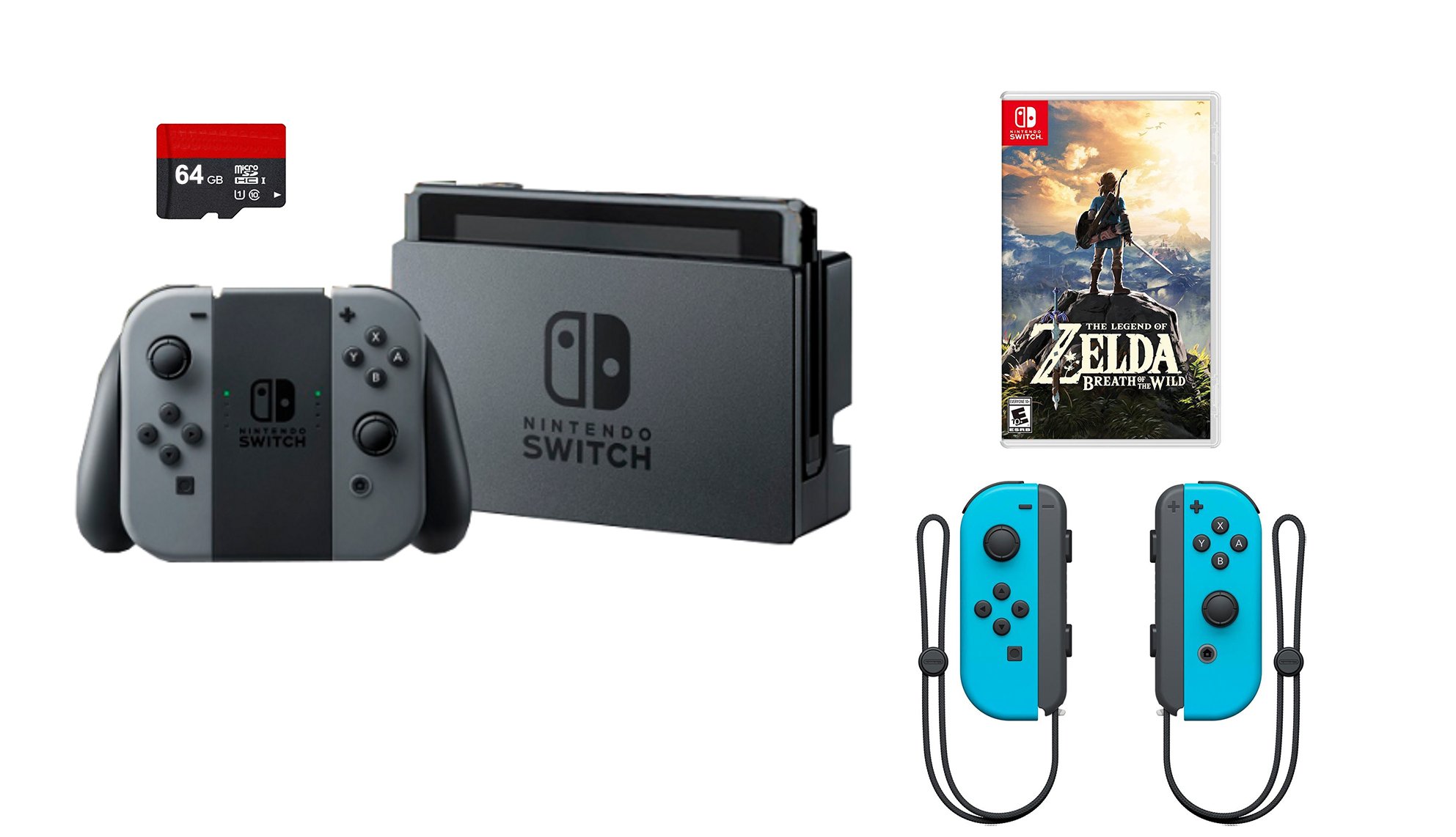 Nintendo Swtich 4 items Bundle:Nintendo Switch 32GB Console Gray Joy-con,64GB Micro SD Memory Card and an Extra Pair of Nintendo Joy-Con (L/R) Wireless Controllers Neon Blue,The Legend of Zelda