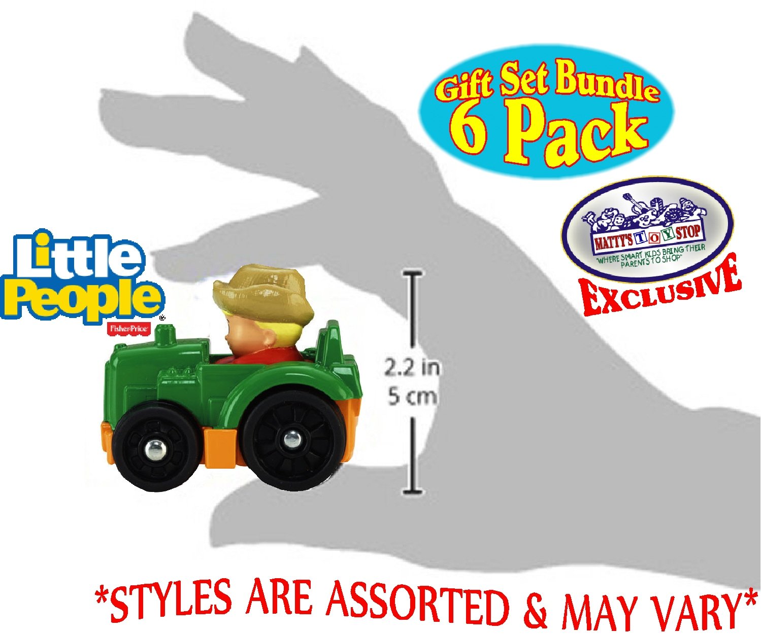 Fisher-Price Little People Wheelies Vehicles Gift Set Blind Bundle with Exclusive Matty's Toy Stop Storage Bag - 6 Pack (Assorted Styles)