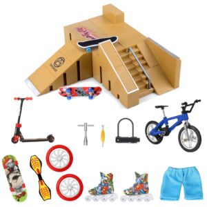 hometall 8pcs fingerboard skatepark ramps with 9pcs mini toys set including fingerboards, bike, scooters, skate park for kids gift