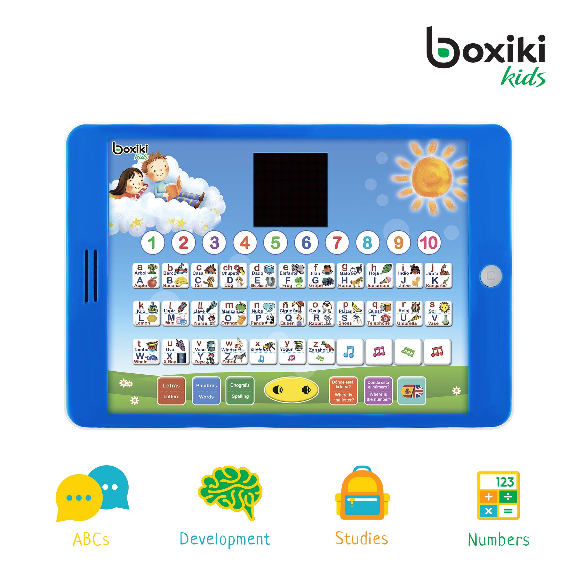 Boxiki kids Spanish-English Learning Bilingual Tablet Educational Toy with LED Screen Display. Learn Spanish and English with ABC Games and Spelling. Kids Love Our Interactive Educational Toys