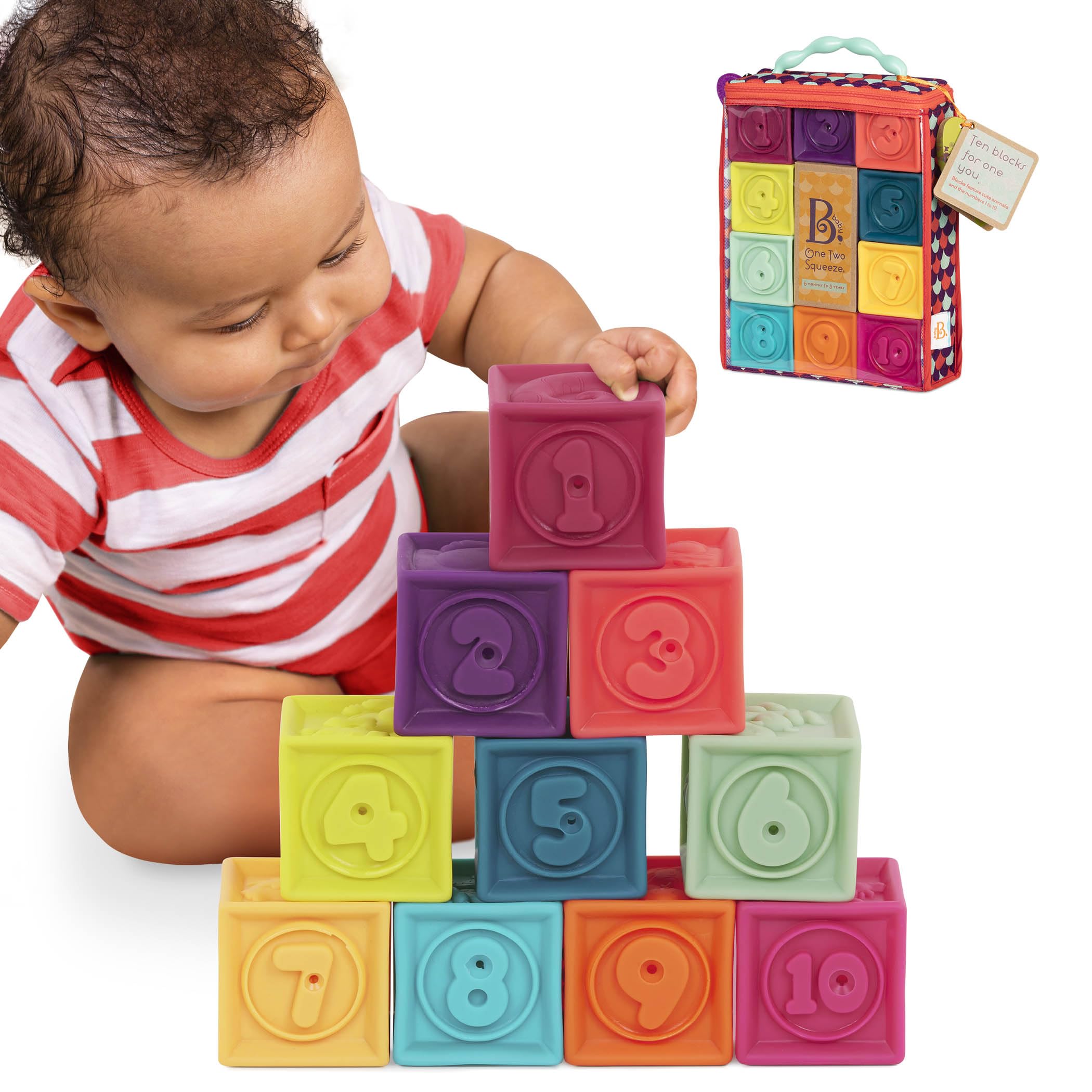 B. toys- B. baby – Baby Blocks – Stacking & Building Toys For Babies – 10 Soft Blocks With Numbers, Shapes, Animals – Educational & Developmental – 6 Months + – One Two Squeeze