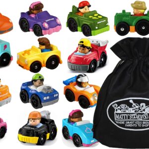 Fisher-Price Little People Wheelies Vehicles Gift Set Blind Bundle with Exclusive Matty's Toy Stop Storage Bag - 6 Pack (Assorted Styles)