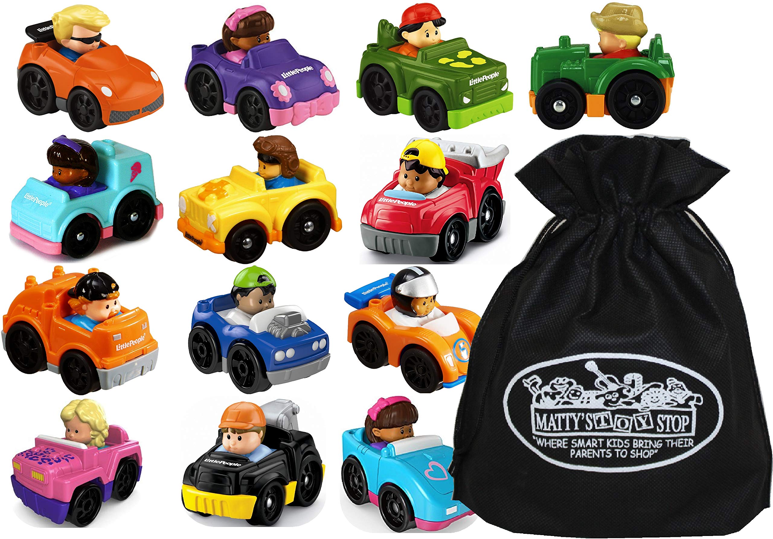 Fisher-Price Little People Wheelies Vehicles Gift Set Blind Bundle with Exclusive Matty's Toy Stop Storage Bag - 6 Pack (Assorted Styles)