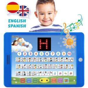 Boxiki kids Spanish-English Learning Bilingual Tablet Educational Toy with LED Screen Display. Learn Spanish and English with ABC Games and Spelling. Kids Love Our Interactive Educational Toys