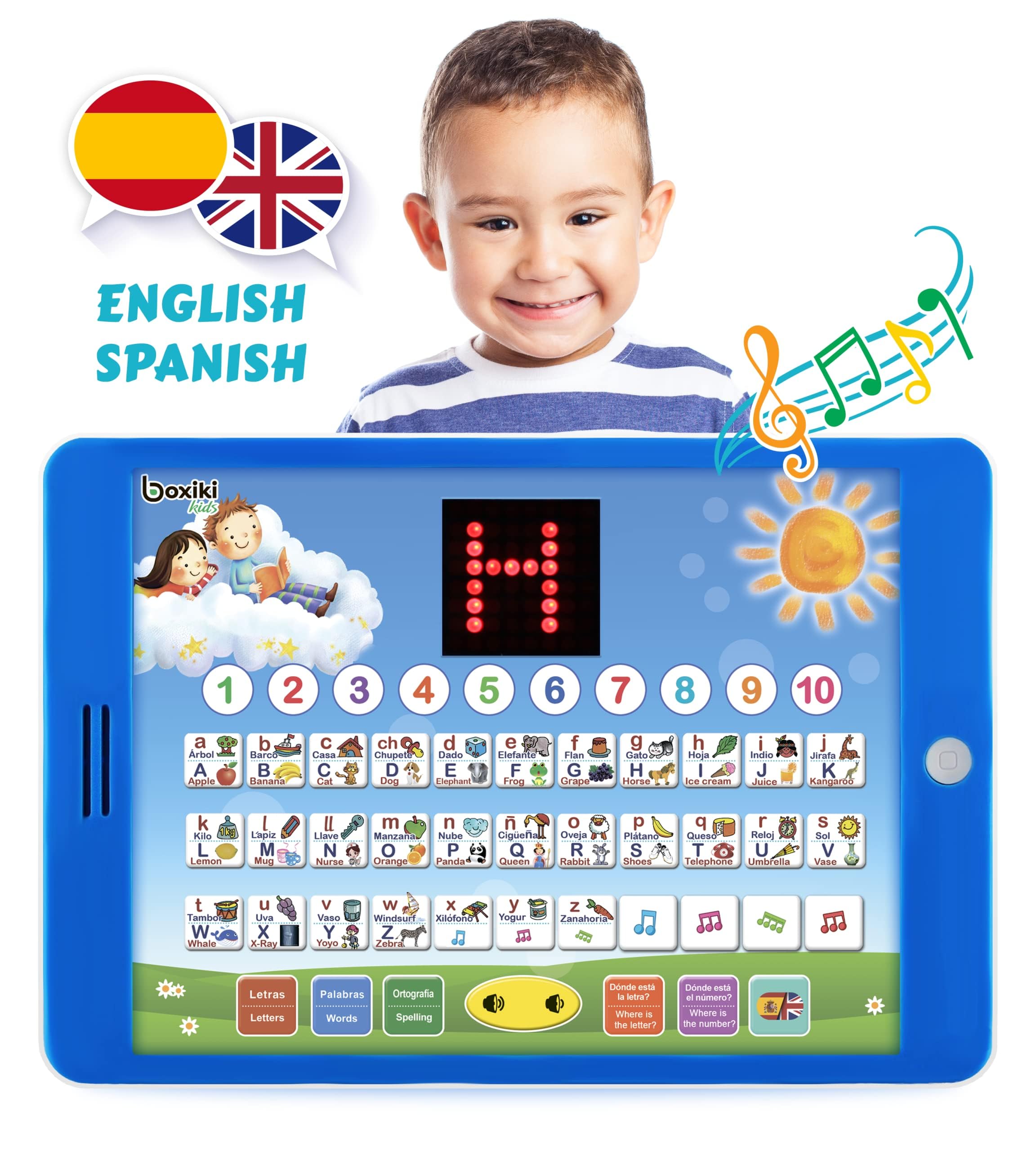 Boxiki kids Spanish-English Learning Bilingual Tablet Educational Toy with LED Screen Display. Learn Spanish and English with ABC Games and Spelling. Kids Love Our Interactive Educational Toys