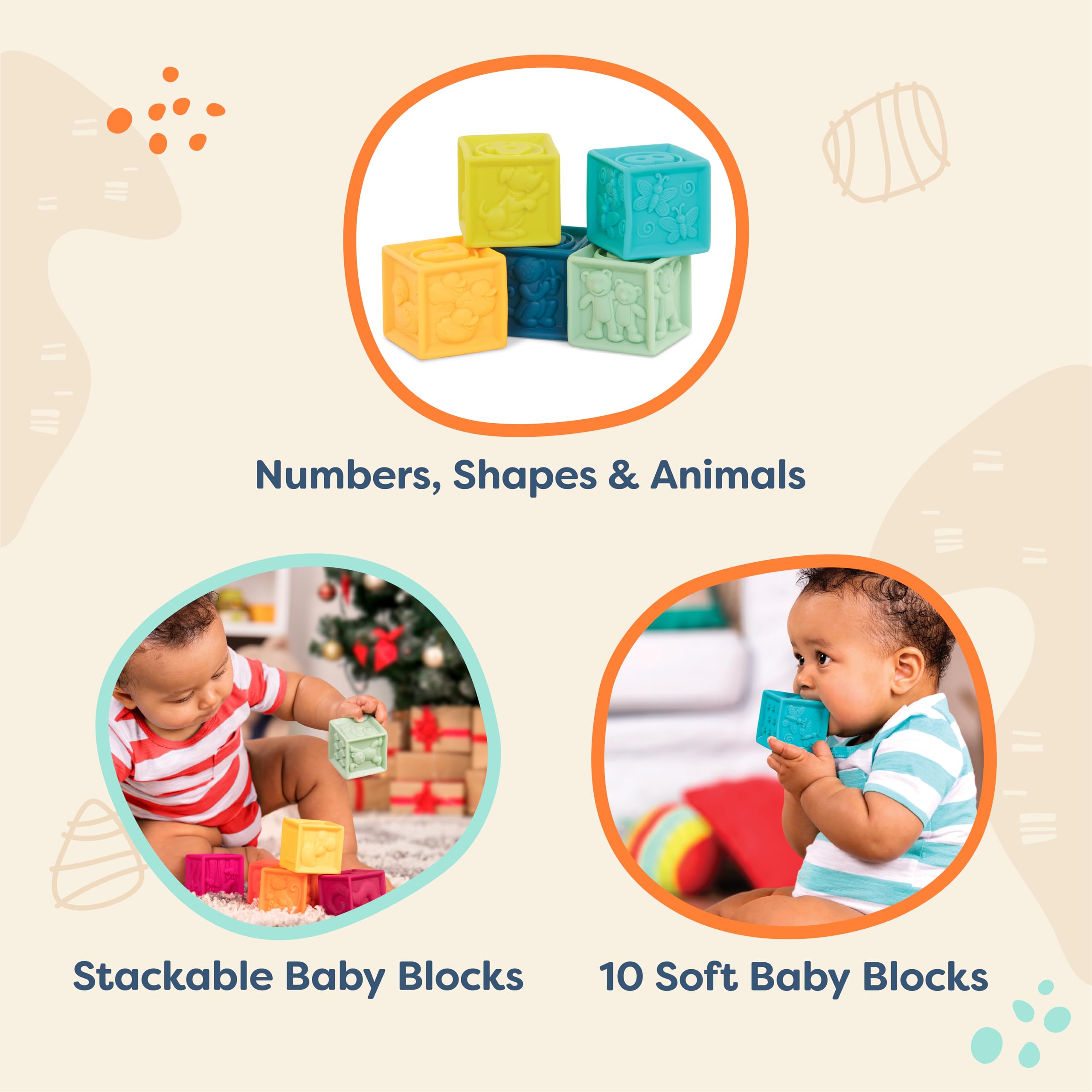 B. toys- B. baby – Baby Blocks – Stacking & Building Toys For Babies – 10 Soft Blocks With Numbers, Shapes, Animals – Educational & Developmental – 6 Months + – One Two Squeeze