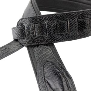 Walker & Williams SF-06 Black Handmade Textured Snakeskin Pattern Padded Guitar Strap with Snakehead Design For Acoustic, Electric, And Bass Guitars