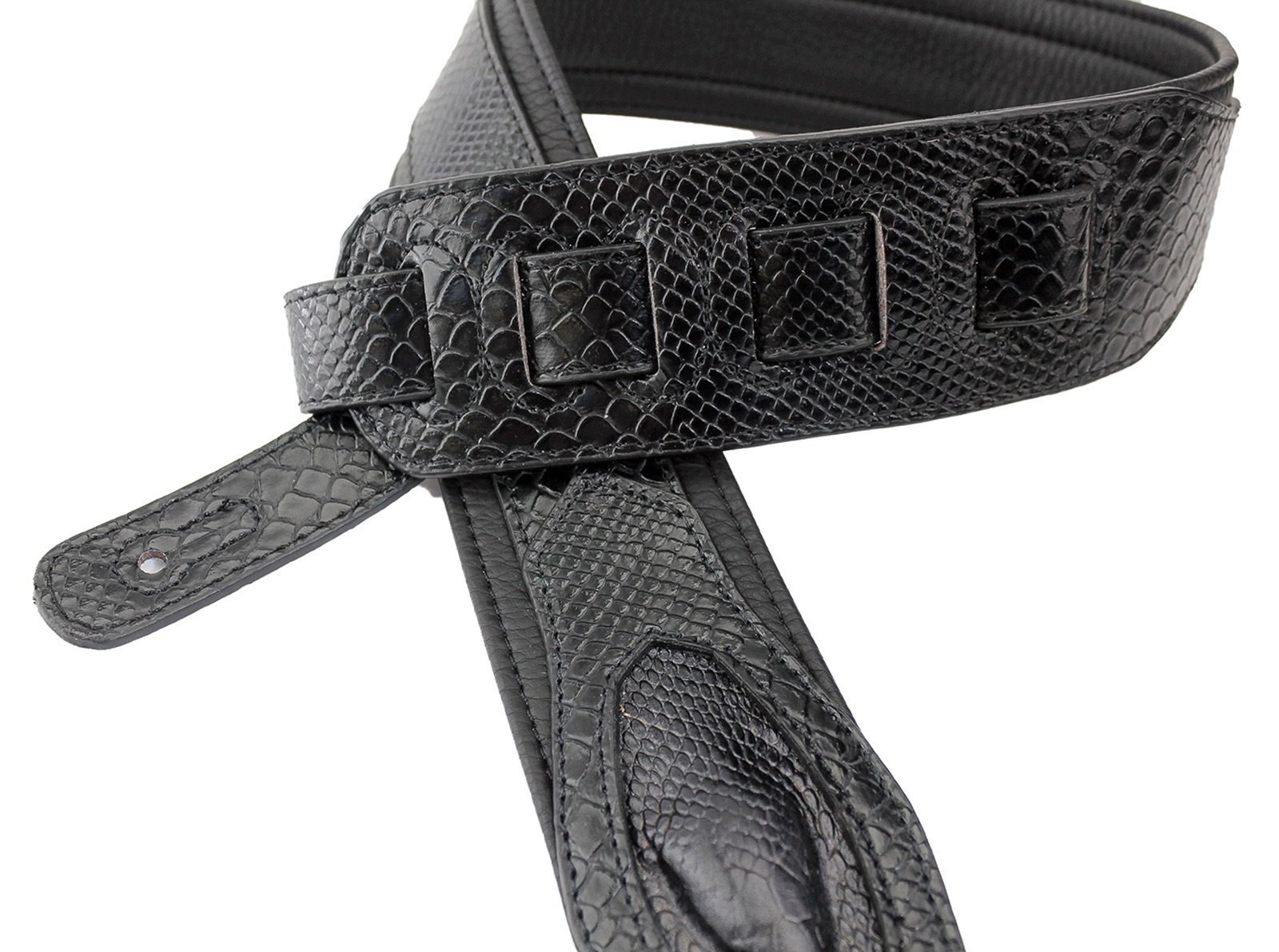 Walker & Williams SF-06 Black Handmade Textured Snakeskin Pattern Padded Guitar Strap with Snakehead Design For Acoustic, Electric, And Bass Guitars