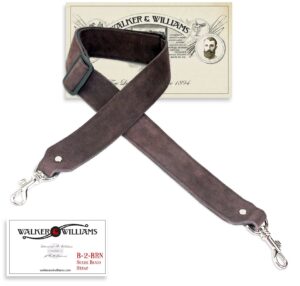 walker & williams bs-2-brn cognac brown thick suede adjustable banjo strap with hefty brass clip ends for bluegrass and frailing type banjos